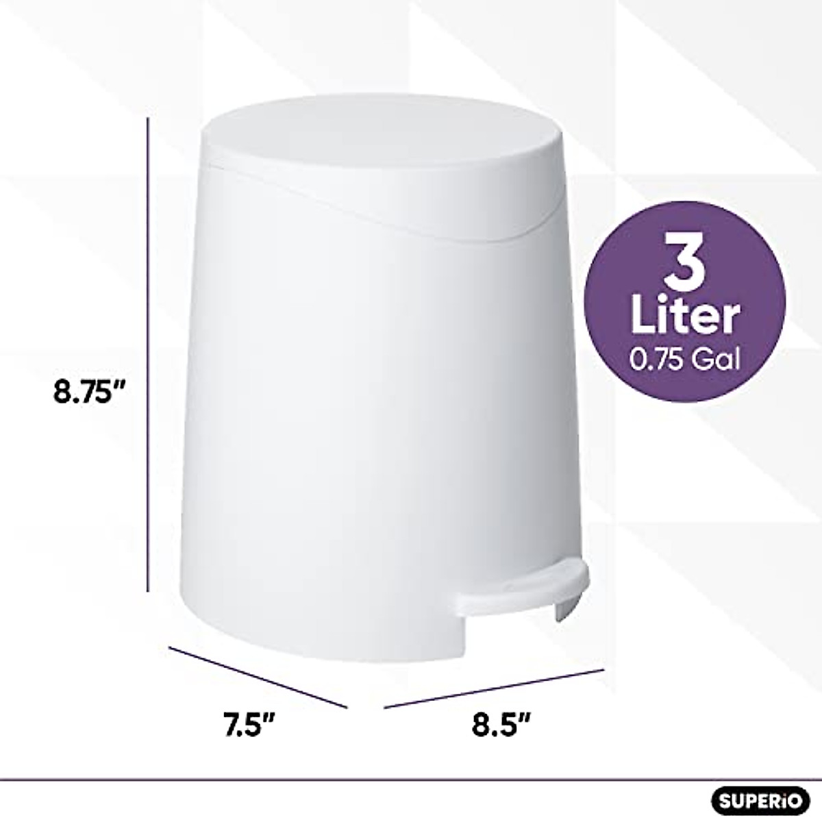 Superio Small Trash Can with Lid 3 Lite, Plastic Mini Waste Bin 0.75 Gallon, Modern Flat Lid Step Trash Can with Foot Pedal, Bathroom, Bedroom, Office, Under Desk, Soft Close (White)