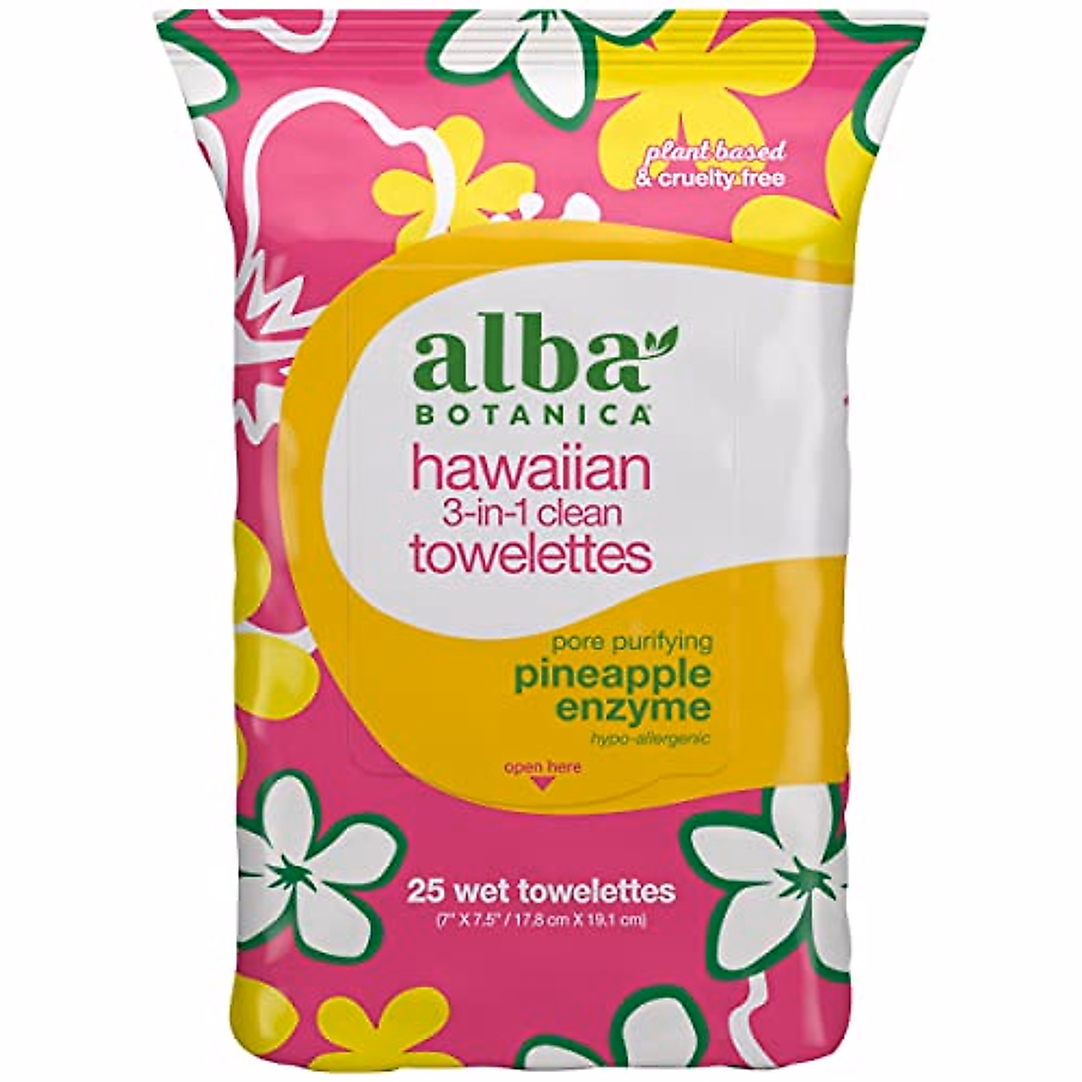 Alba Botanica Hawaiian 3 In 1 Clean Towelettes Deep Pore Purifying Enzyme, Pineapple, 25 Count (Packaging May Vary)