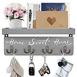 buways Wall-Mounted Key and Mail Holder, Wooden Key Rack with 4 Double Key Hooks, Rustic Home Decor for Entryway(Gray)