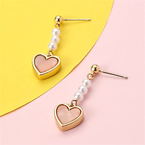 MALOYANVE Love Heart Long Tassel Dangle Earrings for Women Sweet Dainty Cute Pearl 925 Silver Needle Pink Heart Dangle Drop Hook Earrings Delicate Jewelry Valentines Day Gifts (Pink Heart)