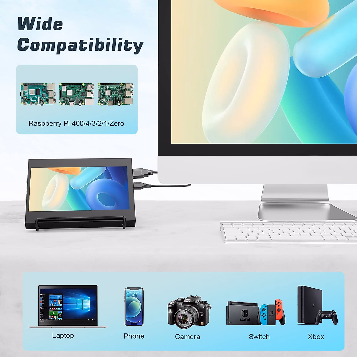 APROTII RasPi Touchscreen Monitor, 1024X600 7" IPS RasPi Screen with Case, Capacitive Touch Screen Display USB/HDMI for PC Phones RasPi 4B 3B+ 3B 3A+ 2B B+ (with Stand)