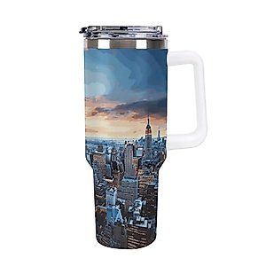 LLUTSNTH 40 Oz Vacuum Tumbler with White Handle Leakproof Insulated Tumbler New York City Skyline Stainless Steel Travel Mug with Lid And Straw Coffee Cup Cute Water Bottles Cup Holder Friendly
