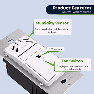 TOPGREENER Humidity Sensor Switch for Ventilation Fan, Air Moisture Detection, Bathroom Fan Automated Control, Adjustable Timing, Neutral Wire Required, UL Listed, TDHS5-N, White