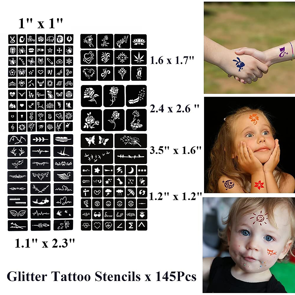 QSTOHENA Pack of 12 Henna Temporary Tattoo Stencil Kit - 145Pcs Glitter Airbrush Tattoo Sticker Indian Arabian Black Henna Tattoo Temp for Women Kids