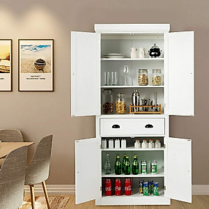 Huippy 72 inch Double Door Cupboard Freestanding Kitchen Pantry Cabinet with Four Adjustable Shelves and One Large Drawer for Kitchen Living Room Bedroom Hallway Home Office Storage (White)