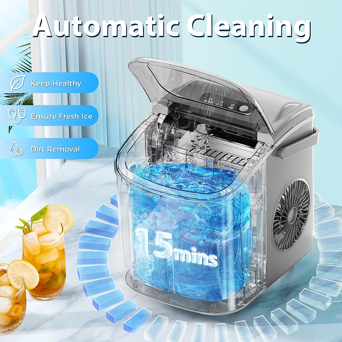 Antarctic Star Countertop Ice Maker，Portable Ice Makers with Self-Cleaning, Bullet Ice Machine, 26Lbs/24H, 9 Ice Cubes Ready in 6 Mins for Kitchen Bar Party RV, Grey