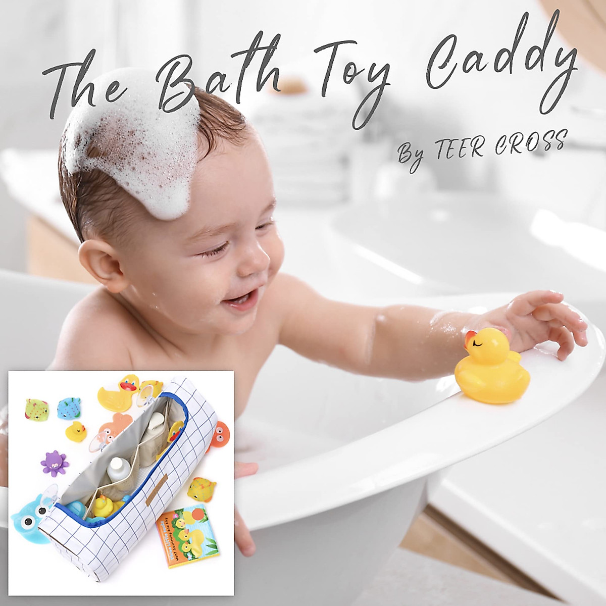 Large Bath Toy Storage with A Quick Dry Mesh Base. Sturdy Bath Toy Holder with 3 Strong Suction Cups. The Bath Toy Organizer Keeps Your Bathroom Tidy. Bathtub Toy Holder (Blue Check)