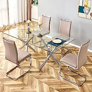 Baysitone Modern Dining Chairs Set of 4, Side & Kitchen Chairs with Silver Frame, Faux Leather Padded Seat High Back, for Dining, Kitchen & Living Room, Champagne