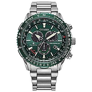 Citizen Men's Promaster Air Eco-Drive Pilot Chronograph Watch, Atomic Timekeeping Technology, 12/24 Hour Time, Power Reserve Indicator, Luminous Hands and Markers, Sapphire Crystal, Stainless/Green Dial
