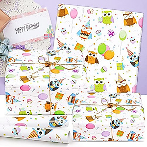 NEPOG Birthday Wrapping Paper for Kids Boys Girls, Colorful Owls Design Gift Wrapping Paper, Cute Animals 6 Sheets Folded Flat 20x28 inches per Sheet for Birthday Party Baby Shower Kindergarten