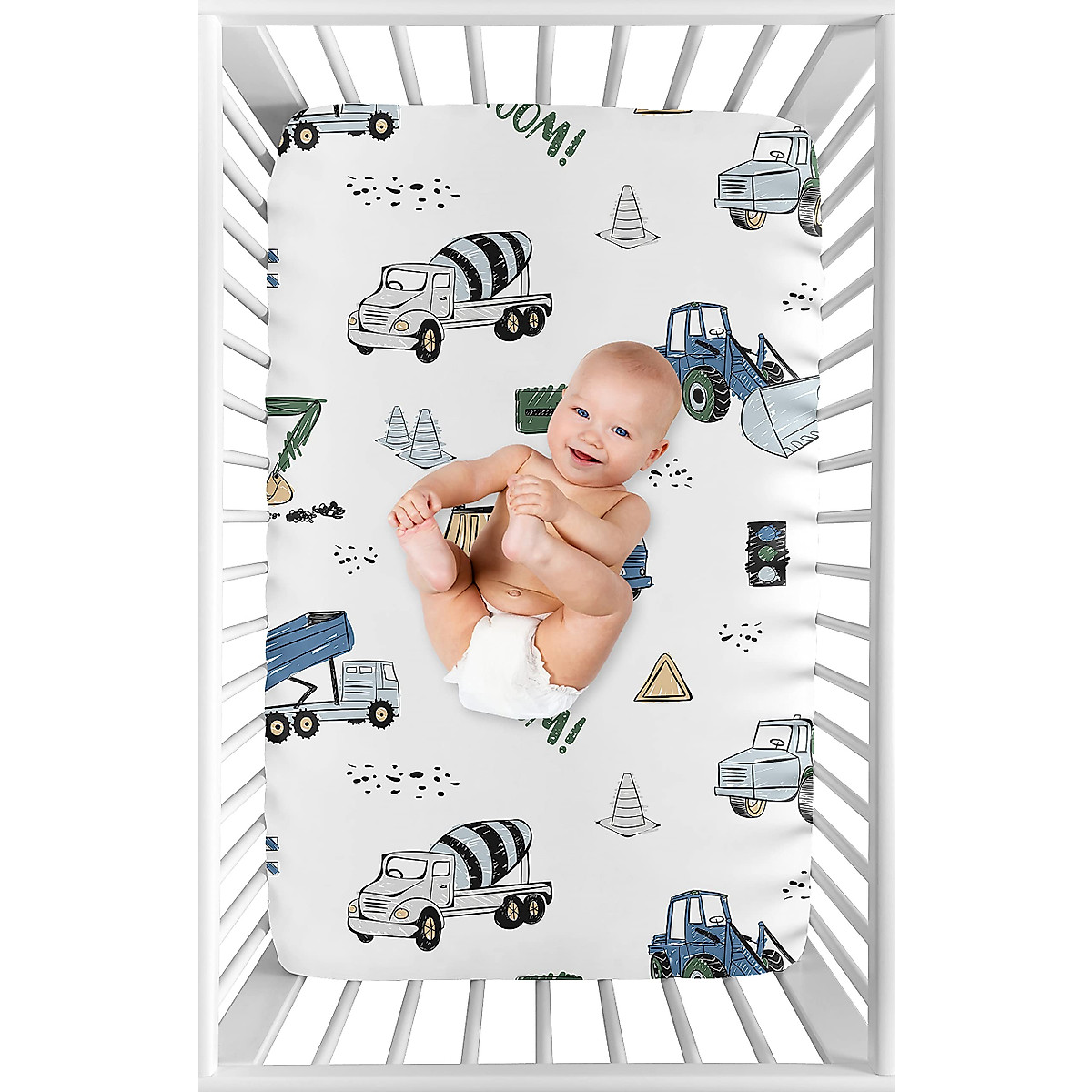 Sweet Jojo Designs Construction Truck Boy Fitted Mini Crib Sheet Baby Nursery for Portable Crib or Pack and Play - Grey Yellow Black Blue and Green Transportation