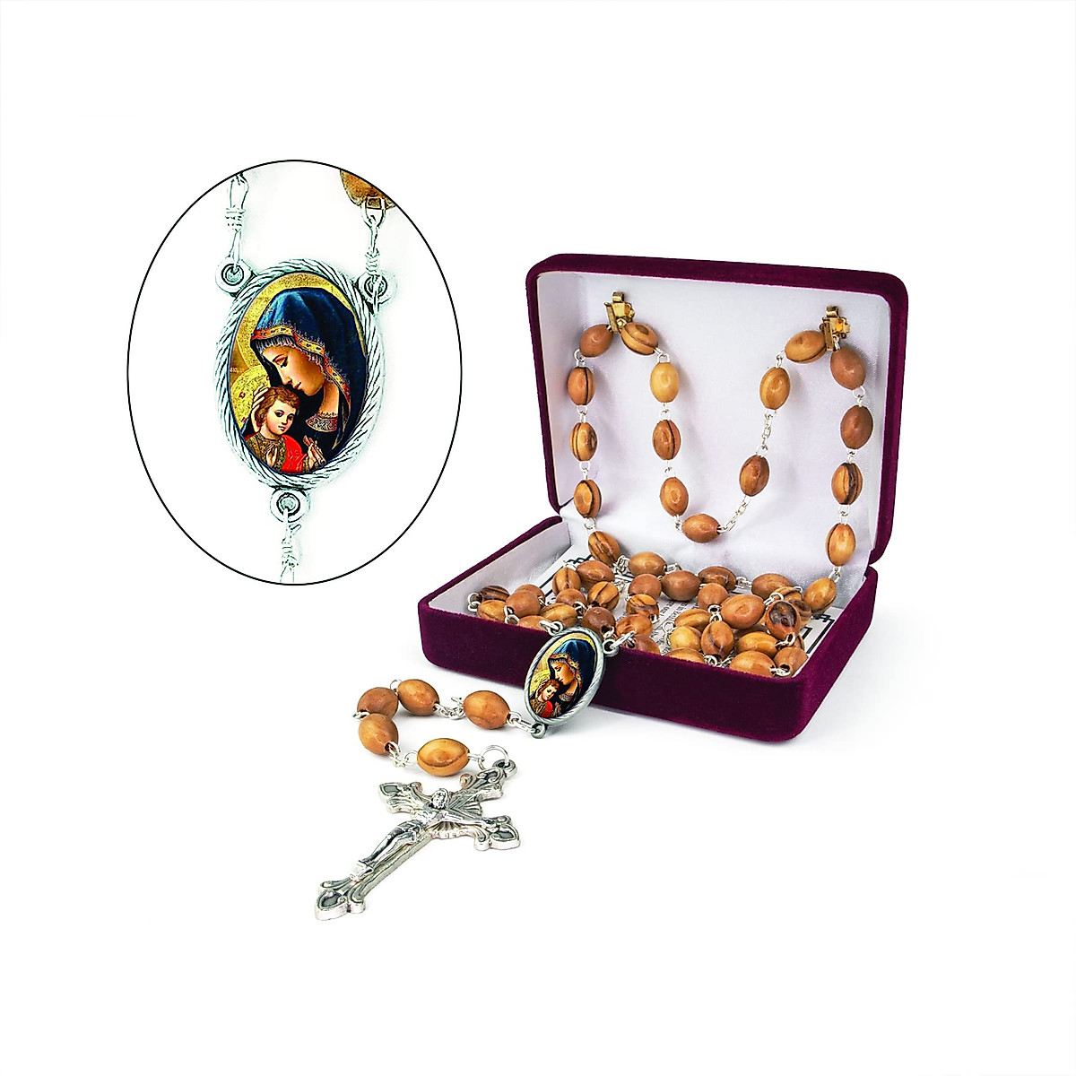 Our Lady of Perpetual Help, Wooden Catholic Rosary Necklace from Israel, Olive Wood Rosary Beads with Icon Portrait & Crucifix Cross Pendant, Confirmation & Communion Rosaries for Men & Women