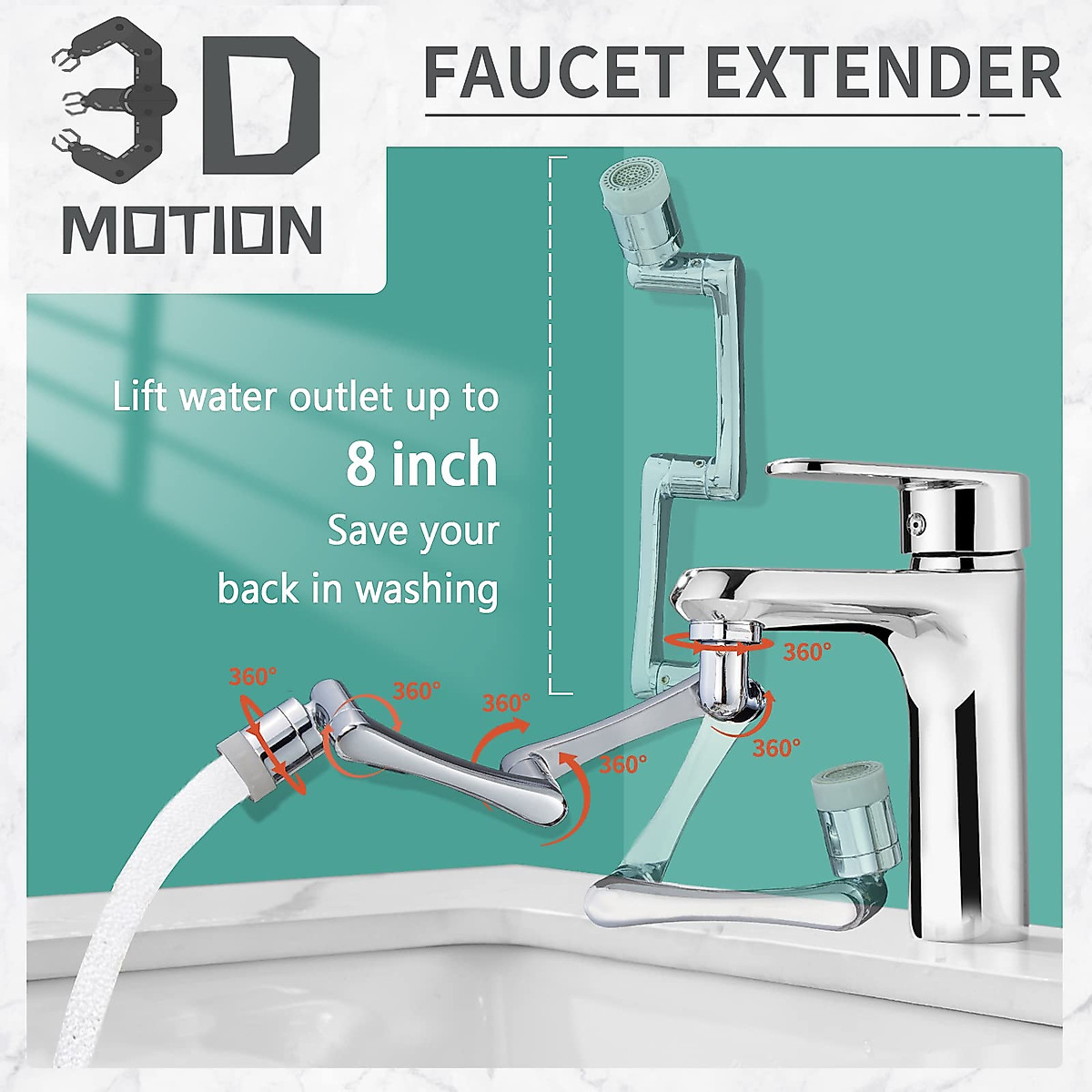 CECEFIN 1080°Rotating Faucet Extender Double Extension - Swivel Long Arm Robotic Faucet Aerator for Bathroom Kitchen Sink, Universal Spout Spray Attachment 2-Mode Outlet Face/Hair/Toddlers Hands Wash