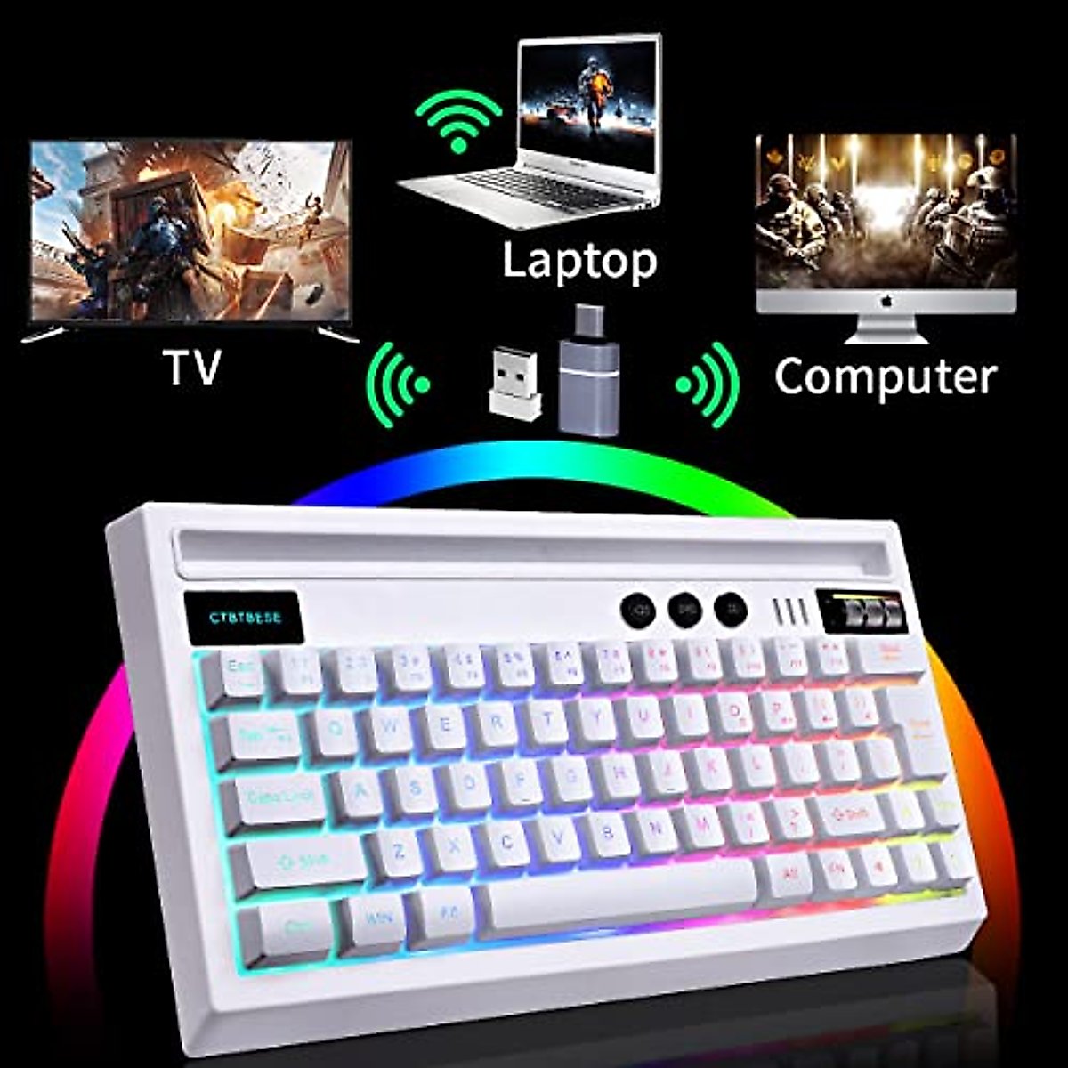 CTBTBESE 60% Wireless Gaming Keyboard, RGB Backlit Compact Mini Keyboard, Rechargeable Retro Typewriter Keyboard with Phone Stand, Free Type-C Adapter for PC, Tablet, Notebook, Smartphone(White)…