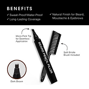 Pacinos Beard Pencil Filler - Water Proof, Long Lasting Coverage & Natural Finish - Beard, Moustache & Eyebrows - Micro-Fork Tip for Seamless Application - Bristle Brush Included (Dark Brown)