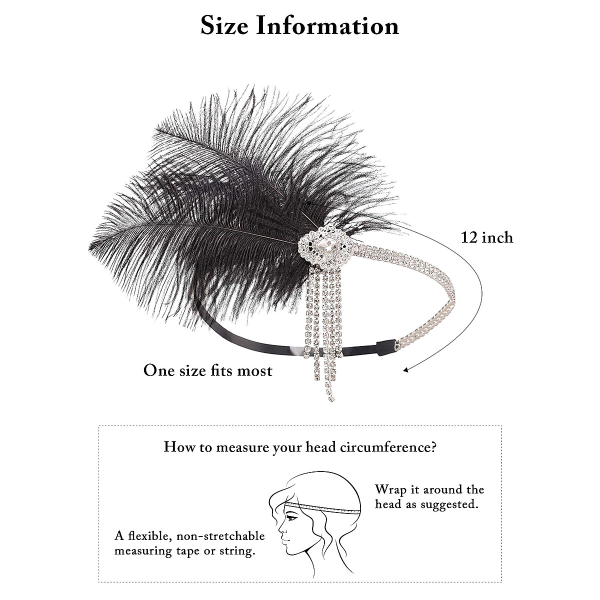 SWEETV Flapper Headbands Womens 1920s Headpiece Great Gatsby Inspired Feather Headband Cocktail Party Rhinestone Hair Accessories for Women, Black