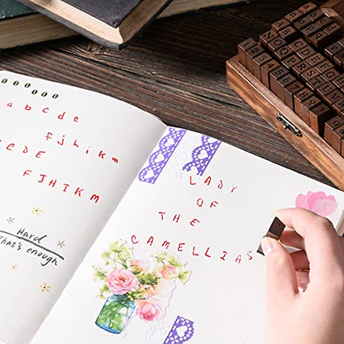 Alphabet Stamps 70 PCS Vintage Wooden Rubber Letter Number Alphabet Combination Letter Stamp Diary Ablum Wedding Letter Wood Rubber Stamp Set with Vintage Wooden Box Gift (Cursive Writing)