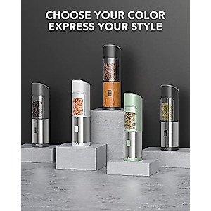 FORLIM Gravity Electric Salt and Pepper Grinder Set Battery Operated, Adjustable Coarseness, Blue LED Light, One Hand Automatic Operation, Stainless Steel Classic Black & White, 2 Mills