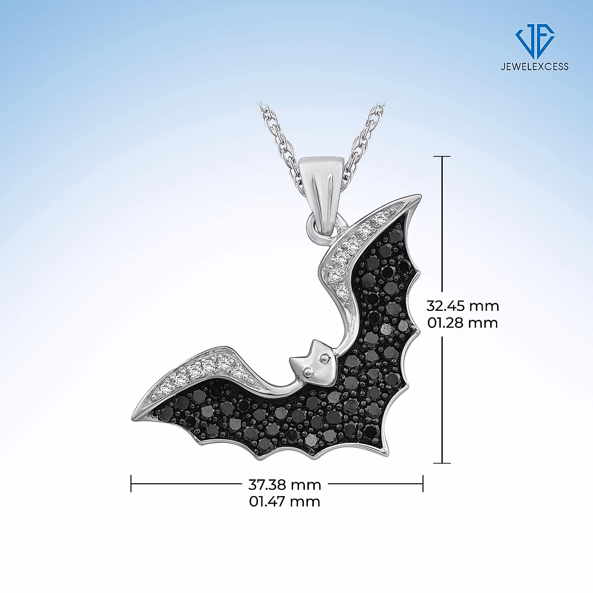 JEWELEXCESS Diamond Bat Necklace Halloween Jewelry – 1 CTW Black and White Diamond Halloween Necklace – Sterling Silver Rope Chain with Bat Pendant – Witchy Jewelry for Women
