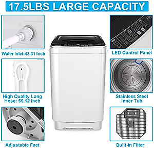 Portable Washer, 17.5Lbs Capacity Full-Automatic Washing Machine with Drain Pump and Extended Drain Pipe, 1.9 Cu.ft 2-in-1 Washer and Spin-dryer Combo with 10 Wash Programs 8 Water Levels LED Display, Compact Laundry Washer for Home, Dorms, RV