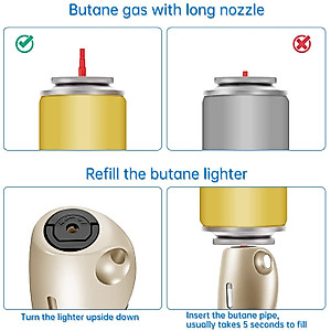 Butane Lighter Torch Long Lighter Jet Flame Windproof Lighter with Visual Fuel Window for Fireplace Kitchen Grill BBQ Camping, Gold (No Butane Included)