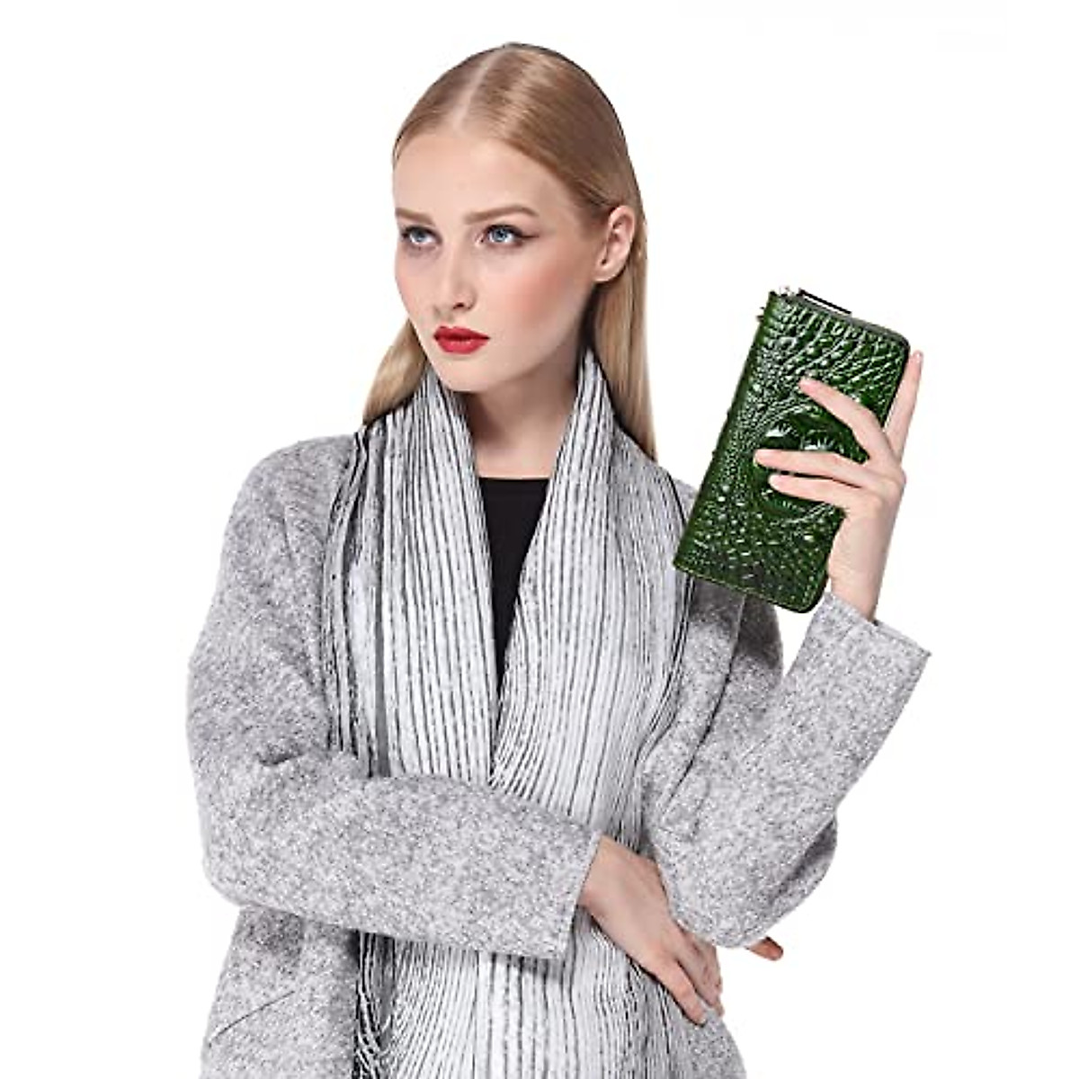 PIJUSHI Wristlet Wallet Crocodile Leather Wallets for Women Ladies Clutch Purse (1058 Green)