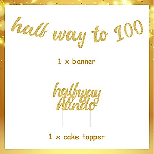 Funny 50th Birthday Decorations for Men Women, Half Way To 100 Banner Cake Topper Gold Fifty Birthday Party Supplies for Him or Her