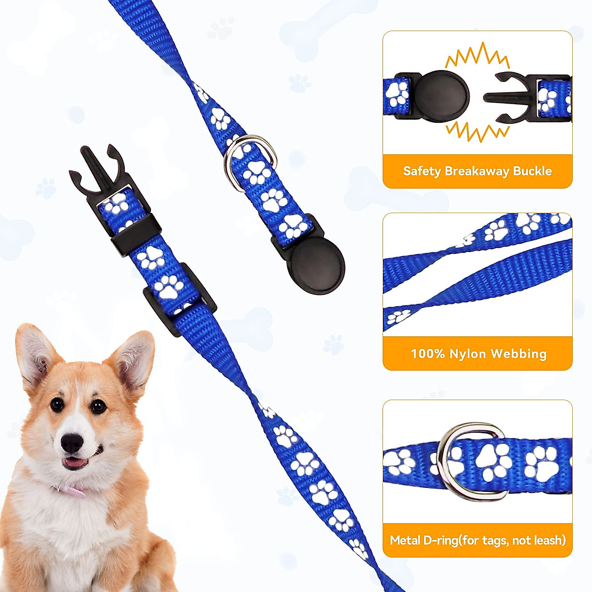 16 Pack Puppy Collars,Puppy Collars for Litter,Paw Print Safety Puppy Collars for Small Puppies,Nylon Breakaway Puppy ID Collars Whelping Collars Litter Collars Glow in The Dark(S)