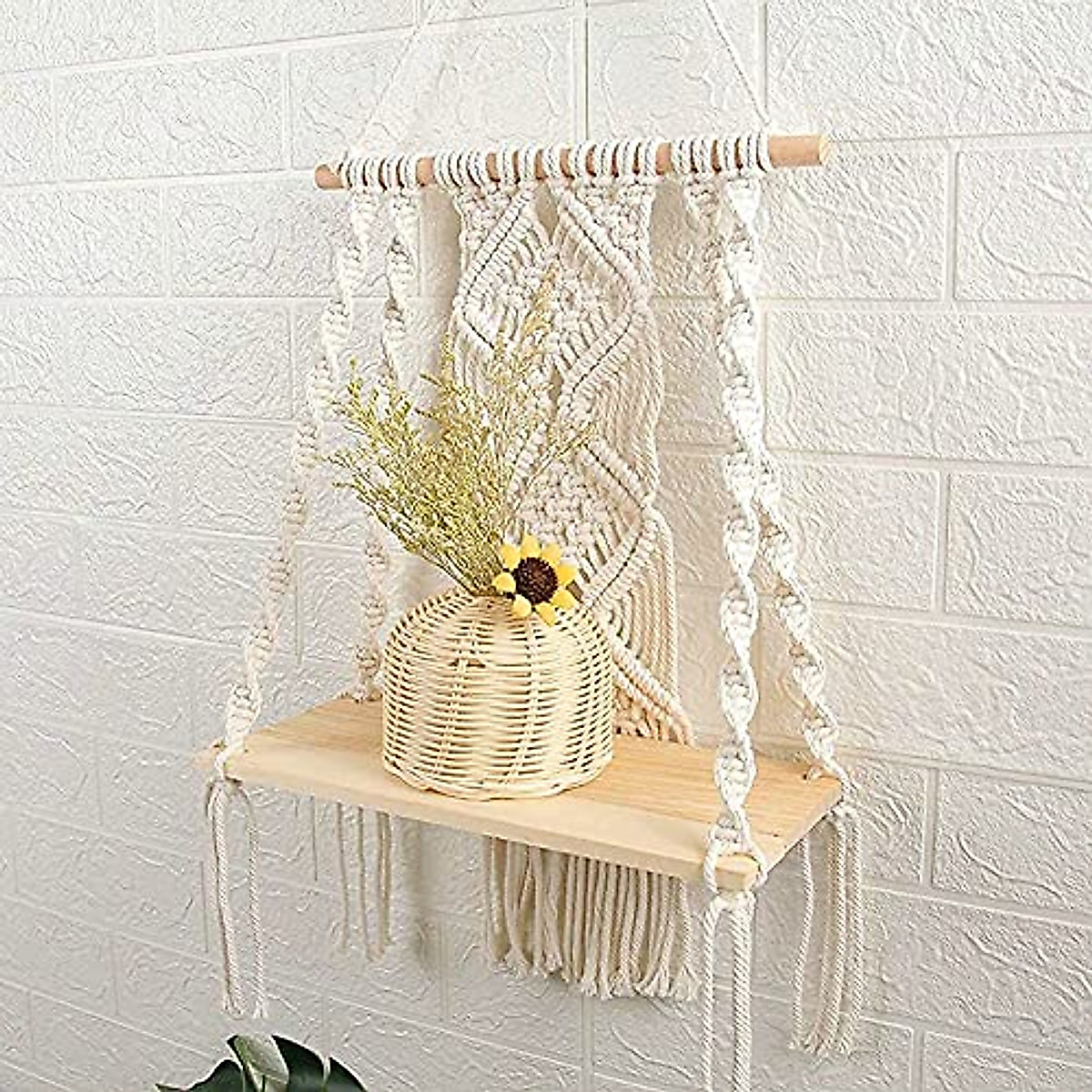 Handmade Macrame Wall Hanging Shelf, Boho Indoor Rope Plant Pot Basket Hanger Holder, Rope Plant Hanger for Wall Decor Indoor Outdoor