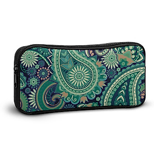 Green Paisley Pattern Pencil Case Stationery Pen Pouch Portable Makeup Storage Bag Organizer Gift