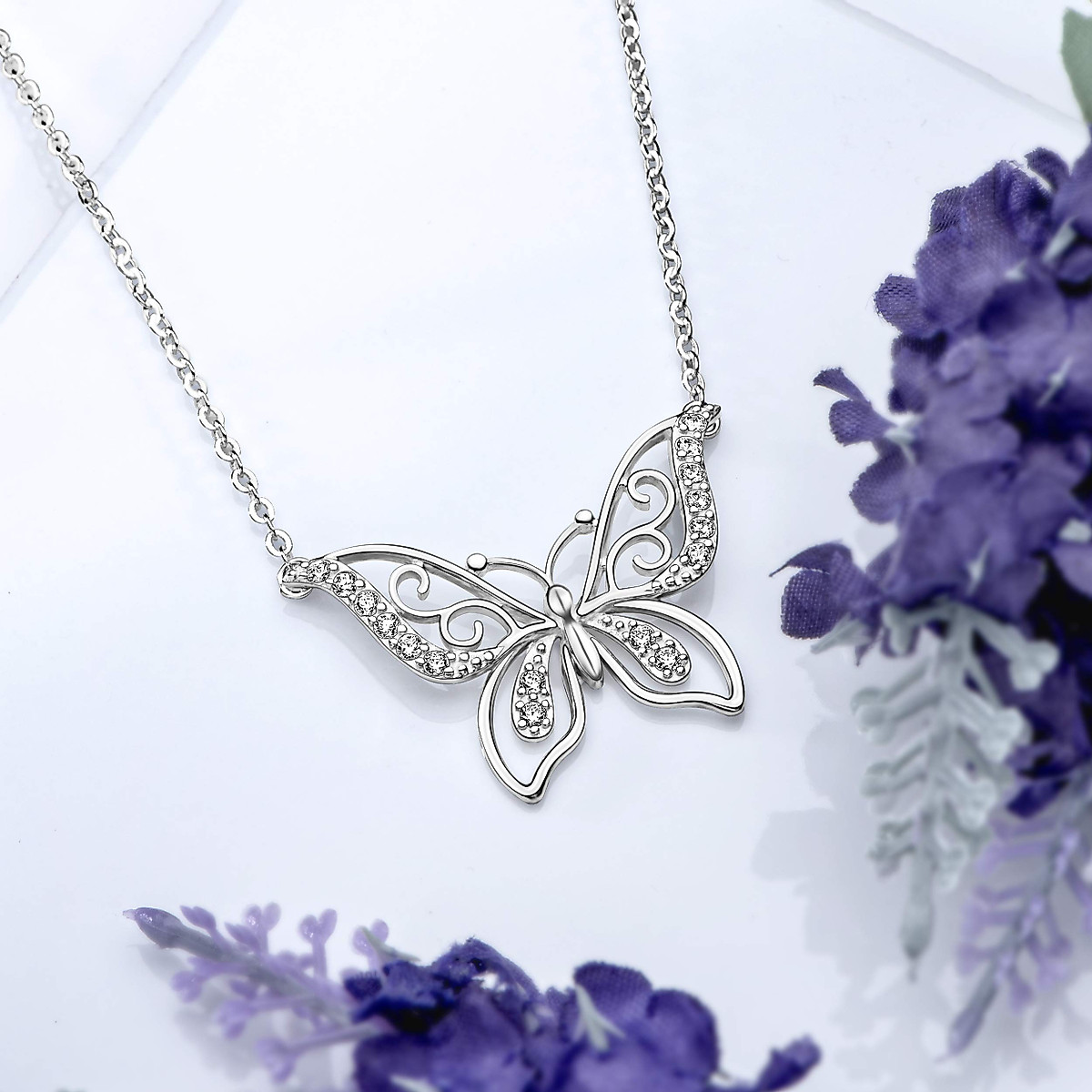 ELEGANZIA Butterfly Necklaces for Women Sterling Silver Jewelry Sparkling Cubic Zirconia for Girlfriend Mom
