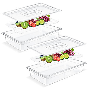 Zhehao 2 Pack Full Size PET Food Pans Set 4'' Deep Clear Hotel Pans with Lids and Food Pan Drain Shelf Food Storage Containers for Kitchen Fruit Vegetable Restaurant Supplies, 20.87 x 12.8 Inches