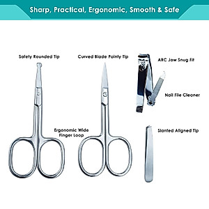 5Pcs Beauty Grooming Eyebrow Scissor Men Women Facial Nose Hair Scissor Curved Round Blunt Mustache Beard Manicure Pedicure Trimmer Set Stainless Steel Slant Tweezers Nail Clipper Pet Dog Scissor Kit