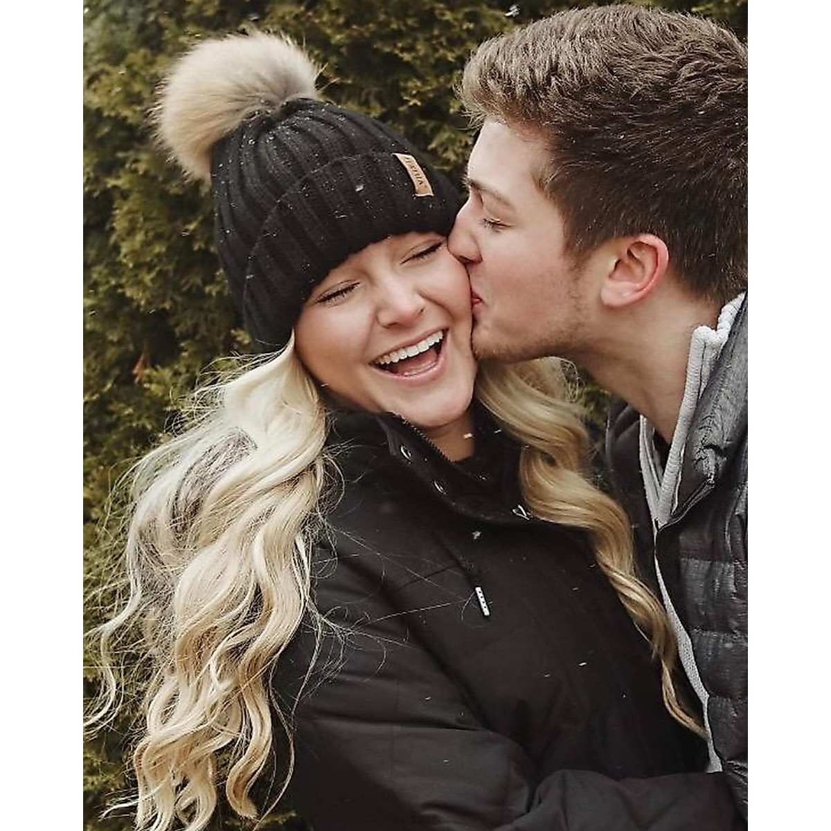 FURTALK Womens Beanie Satin Lined Knitted Beanie with Pom Winter Hat for Women Black