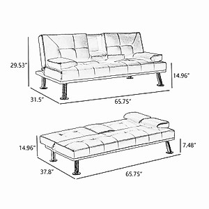 hansones Futon Sofa Bed Modern Linen Fabric Couch Bed Loveseat Convertible Daybed with 2 Cup Holders and Removable Armrests for for Compact Living Space Apartment Dorm Office (Black)