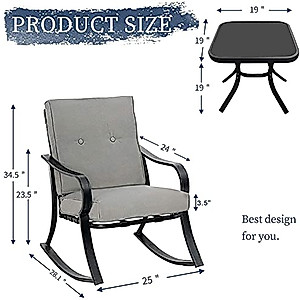 Oakmont Outdoor Furniture 3 Piece Conversation Bistro Set Rocking Chairs and Glass Top Table, Thick Cushions, Black Steel (Grey)