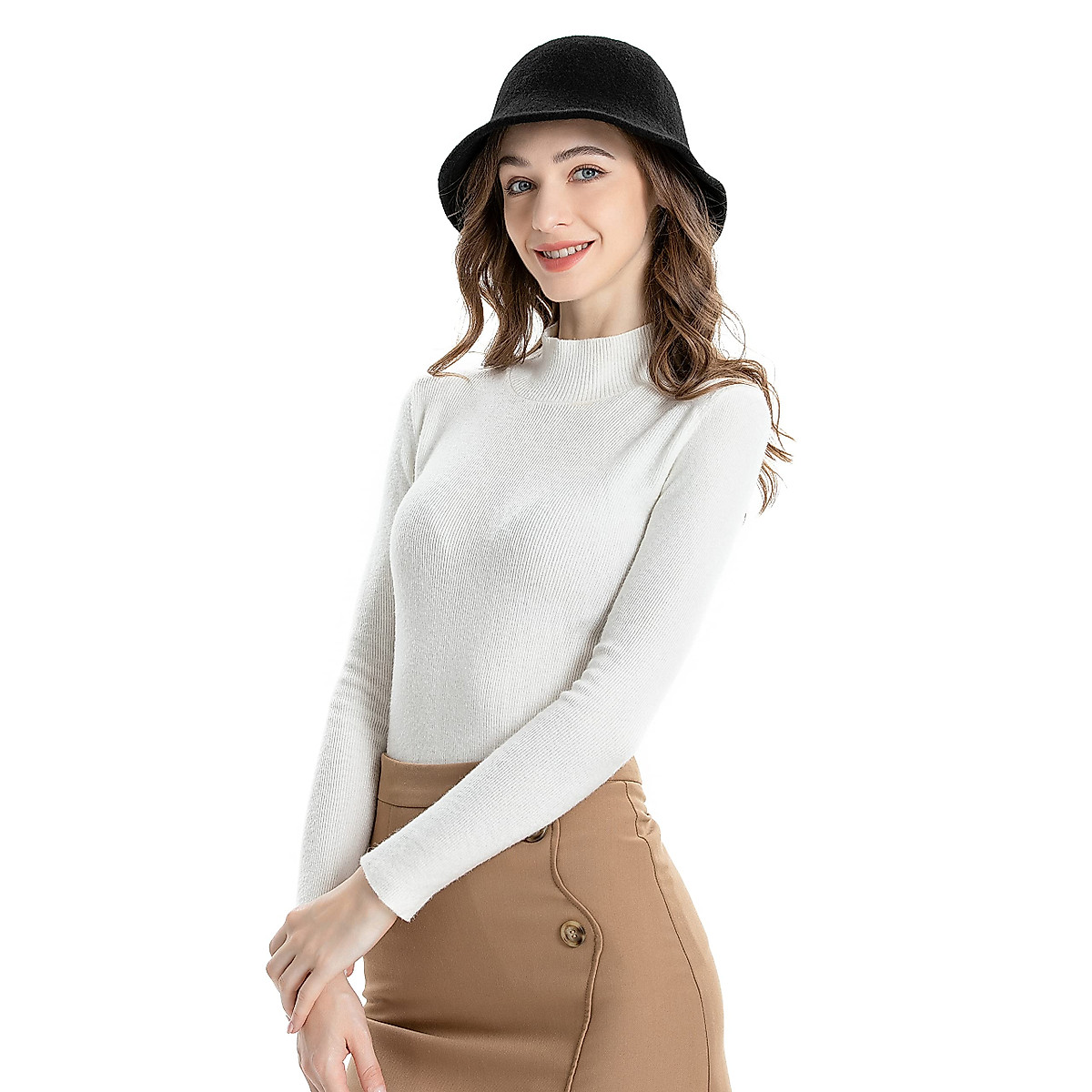 ZLYC Womens Winter Wool Bucket Hats Warm Solid Fedora (Black)