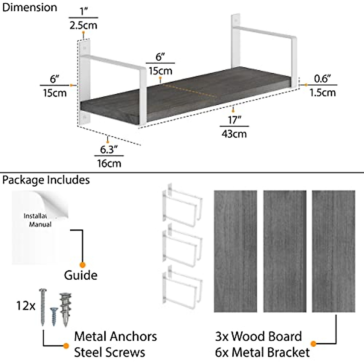 Wallniture Toledo Floating Shelves, Bathroom Organizer, Bookshelf Living Room Decor, Kitchen Organization & Wall Shelves Laundry Room Decor Burnt 17"x6" Set of 3