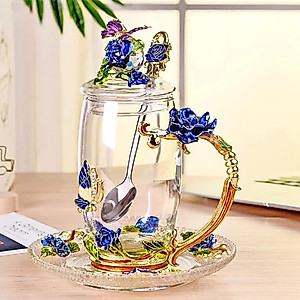 Glass Tea Cup Coffee Mug, Handicraft 3D Vintage Flower Cup with Lid Coaster and Tea Spoon, Unique Butterfly and Blue Rose Enamel Design, Best Gift Decoration (350ml, 11.84 oz)