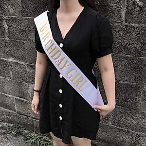 Dadam Birthday Sash for Girls White Satin Birthday Girl Sash with Gold Glitter Lettering Party Favors, Supplies and Decorations