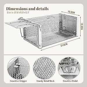 Humane Rat Trap, Chipmunk Rodent Trap That Work for Indoor and Outdoor Small Animal - Mouse Voles Hamsters Live Cage Catch and Release (Silvery)