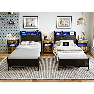 IKIFLY LED Bed Frame Twin XL with Storage Shelf Headboard & Charging Station, Heavy Duty Metal and Wood Platform Bed Frame with Under-Bed Storage, Noise Free, No Box Spring Needed - Black