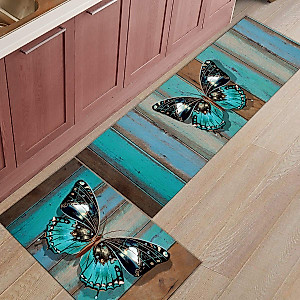 Turquoise Kitchen Mats for Floor Cushioned Anti Fatigue 2 Piece Set Kitchen Runner Rugs Non Skid Washable Wooden Plank Butterfly