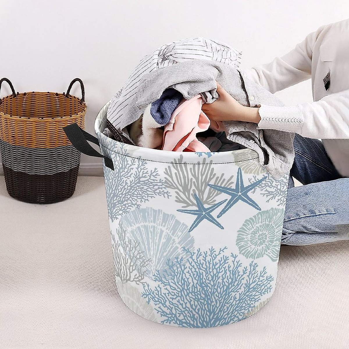 Laundry Basket Ocean Coastal Coral Starfish Seahorse,Waterproof Collapsible Clothes Hamper Blue Sealife Sea Shell,Large Storage Bag for Bedroom Bathroom