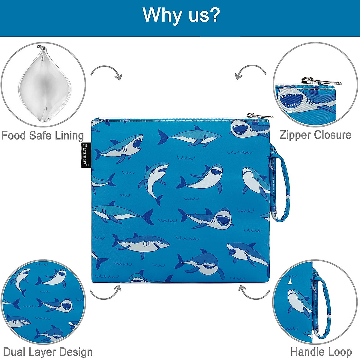 Reusable Sandwich Bag/Snack Bag for Kids & Adults, Dual Layer Lunch Bag with Handle, Washable, Food Safe, BPA Free (1-Pack, Shark)