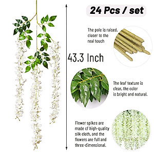 24 Pack Wisteria Artificial Hanging Flowers 3.6 Ft White Fake Silk Flower Vines Rattan Garland Long String Wisteria String Home Garden Wall Decoration Outdoor Wedding Party Ceremony Arch Floral Decor