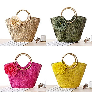HBJE Beach Bags Women Totes Bags Handmade Knitting Large Straw Ladies Handbags Summer Flowers Rattan Woven Bag Purses,Beige