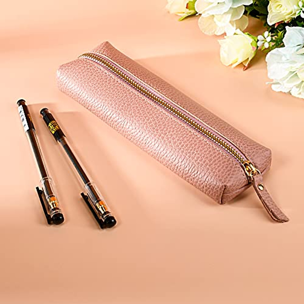 Sluxa Pink Genuine leather case, Pen organizer for adults, Small pencil case for women.