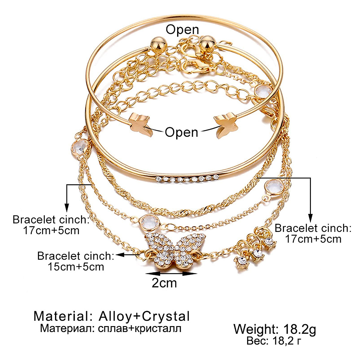 Caiyao Layered Stacking Link Chain Butterfly Bracelet Bangle Set Bohemian Paperclip Rhinestone Bead for Women 14K Gold Plated Animal Jewelry-D butterfly-2