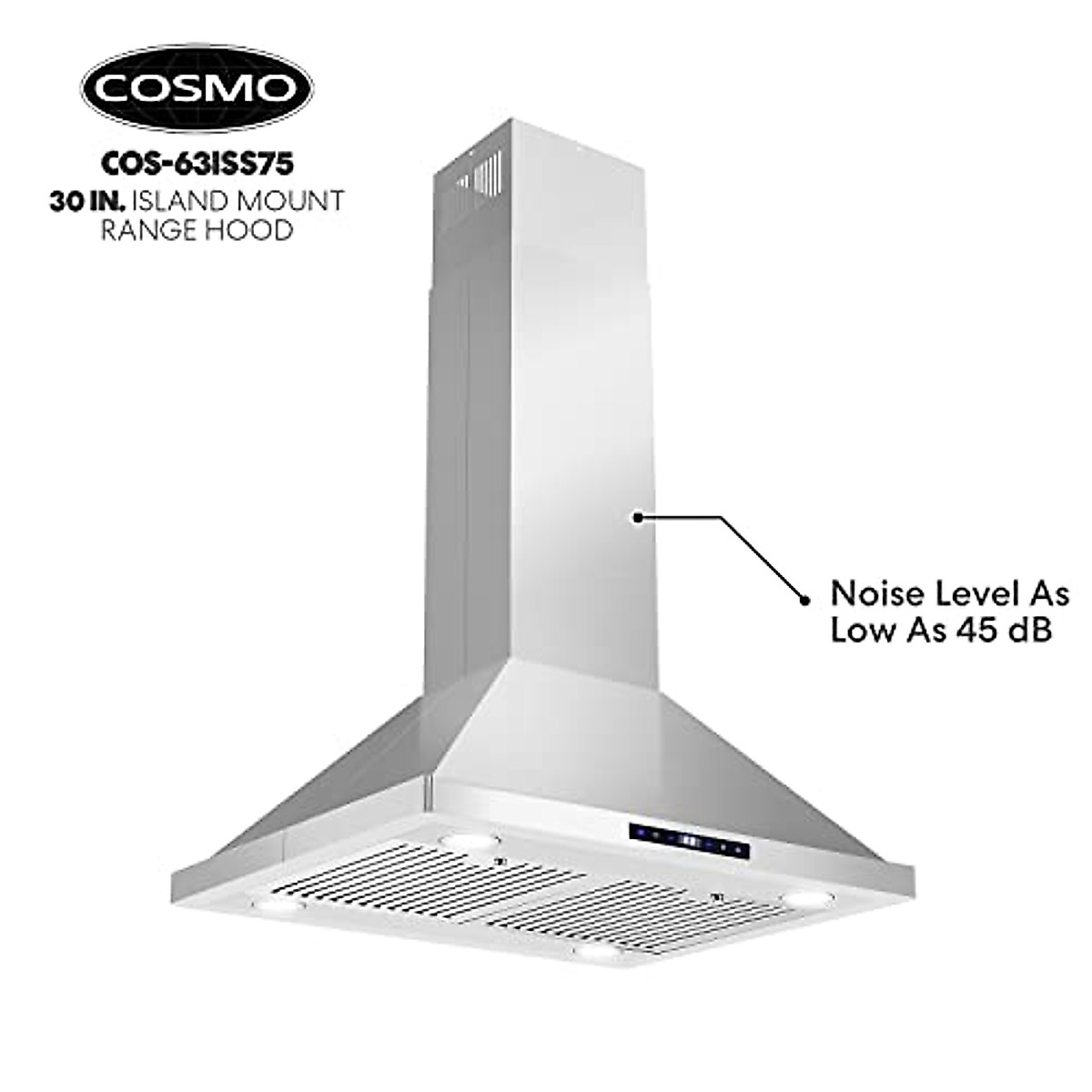COSMO COS-63ISS75 30 in. Lumin Collection 380 CFM Ducted Island Range Hood, Soft Touch Controls, LED Lights, Stainless Steel